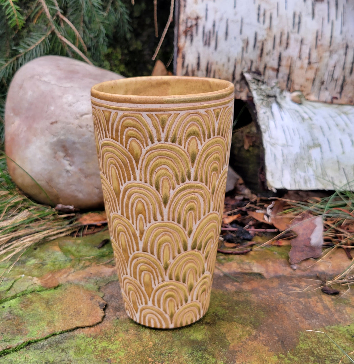 Vase in Yellow Ochre Scales Pattern – Aslakson Pottery